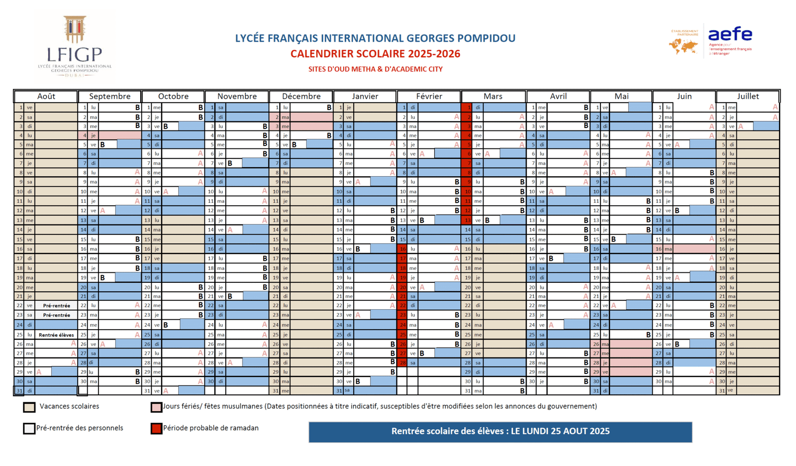 Calendrier scolaire - LFIGP
